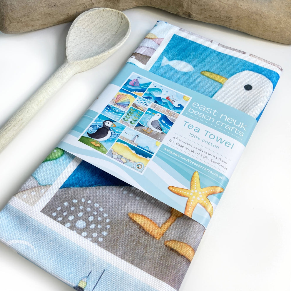 Seaside Tea Towel Set x2 - Cotton Coastal Kitchen Towels - Puffin, Sea ...