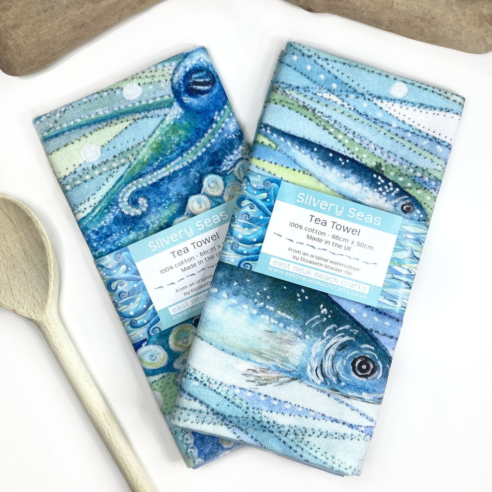 Tea Towel Bundle x2 - Fish & Octopus - 100% Cotton - Coastal Seaside K ...