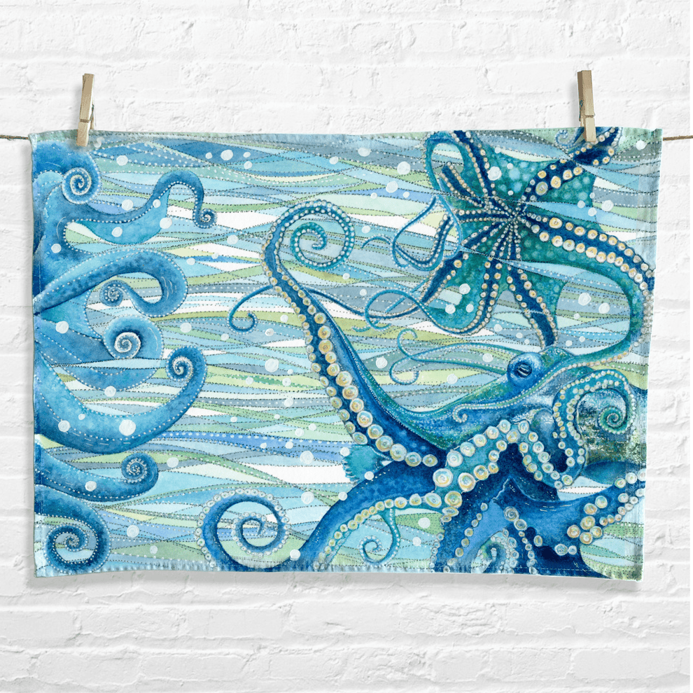 Tea Towel Bundle x2 - Fish & Octopus - 100% Cotton - Coastal Seaside K ...